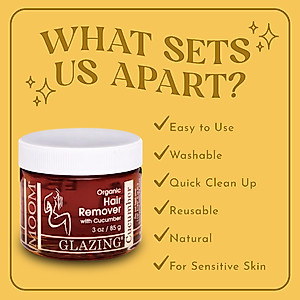 MOOM Organic Brazilian & Bikini Wax Kit - Hair Removal Glaze with Cucumber & Green Tea, Ideal for Sensitive Skin - Includes 18 Reusable Waxing Strips & 6 Waxing Application Sticks - 3 oz. Jar, 1 Pack