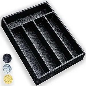 Berglander Drawer Organizers, Black Leather Wood Kitchen Silverware Tray for Drawer, Utensil Tray Drawer Organizer, Kitchen Silverware Organizer, Cutlery Flatware Organizer with Drawers