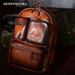 Denny&Dora Genuine Leather Backpack Luxury Vintage Laptop Bag Multi Pockets Bookbag Mens Casual Travel Daypack Large Capacity (Brown)