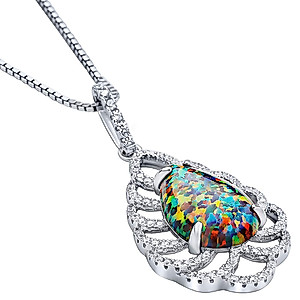 PEORA Created Black Fire Opal Vintage Teardrop Pendant Necklace for Women 925 Sterling Silver, Large 2.75 Carats total Pear Shape 15x10mm, with 18 inch Chain