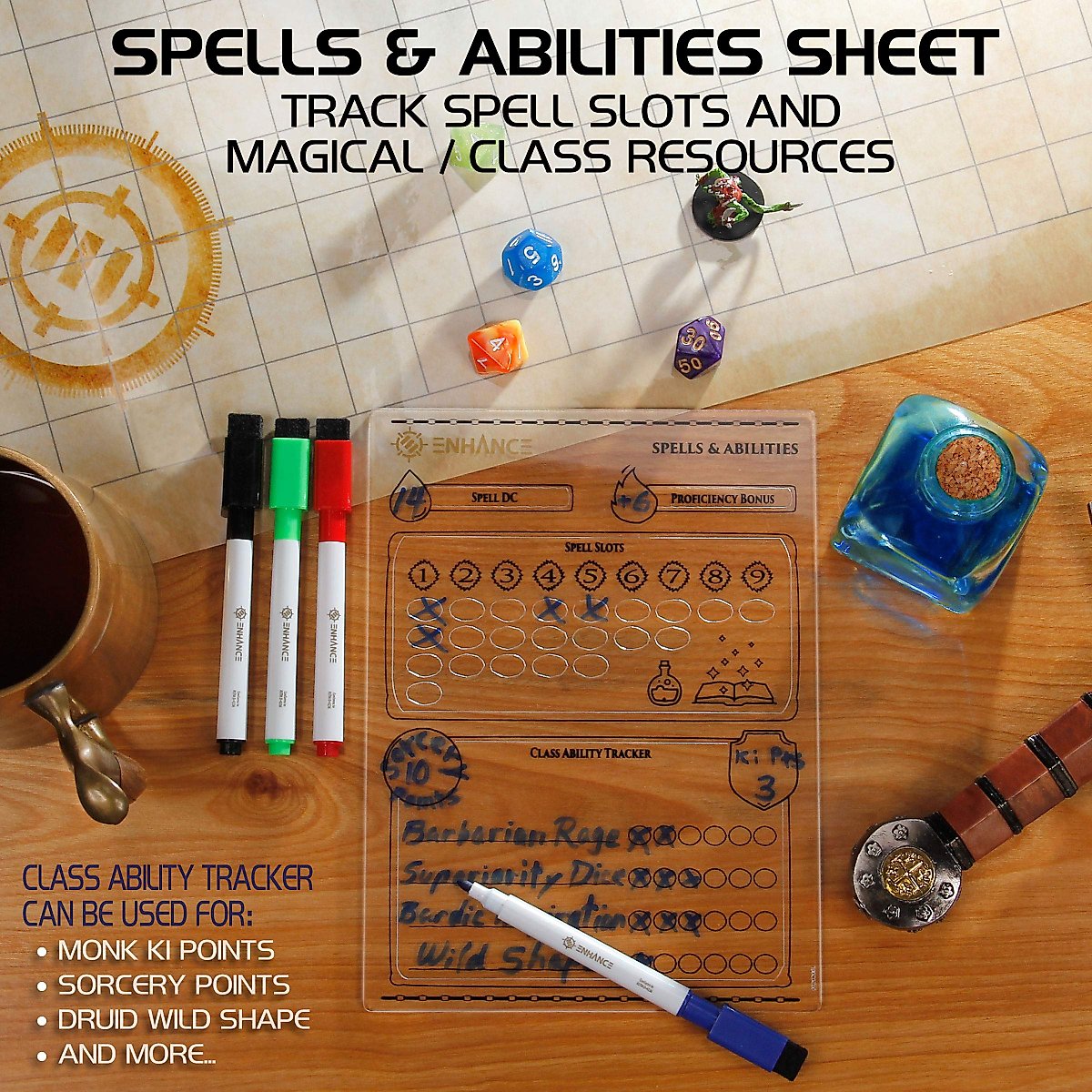 ENHANCE Tabletop Acrylic Character Sheet Set - Reusable 5e Dungeons and Dragons Character Sheets (Combat, Spell, Equipment) for All DND 5e Classes - Includes 3 Pages, Dry Erase Markers, Travel Pouch