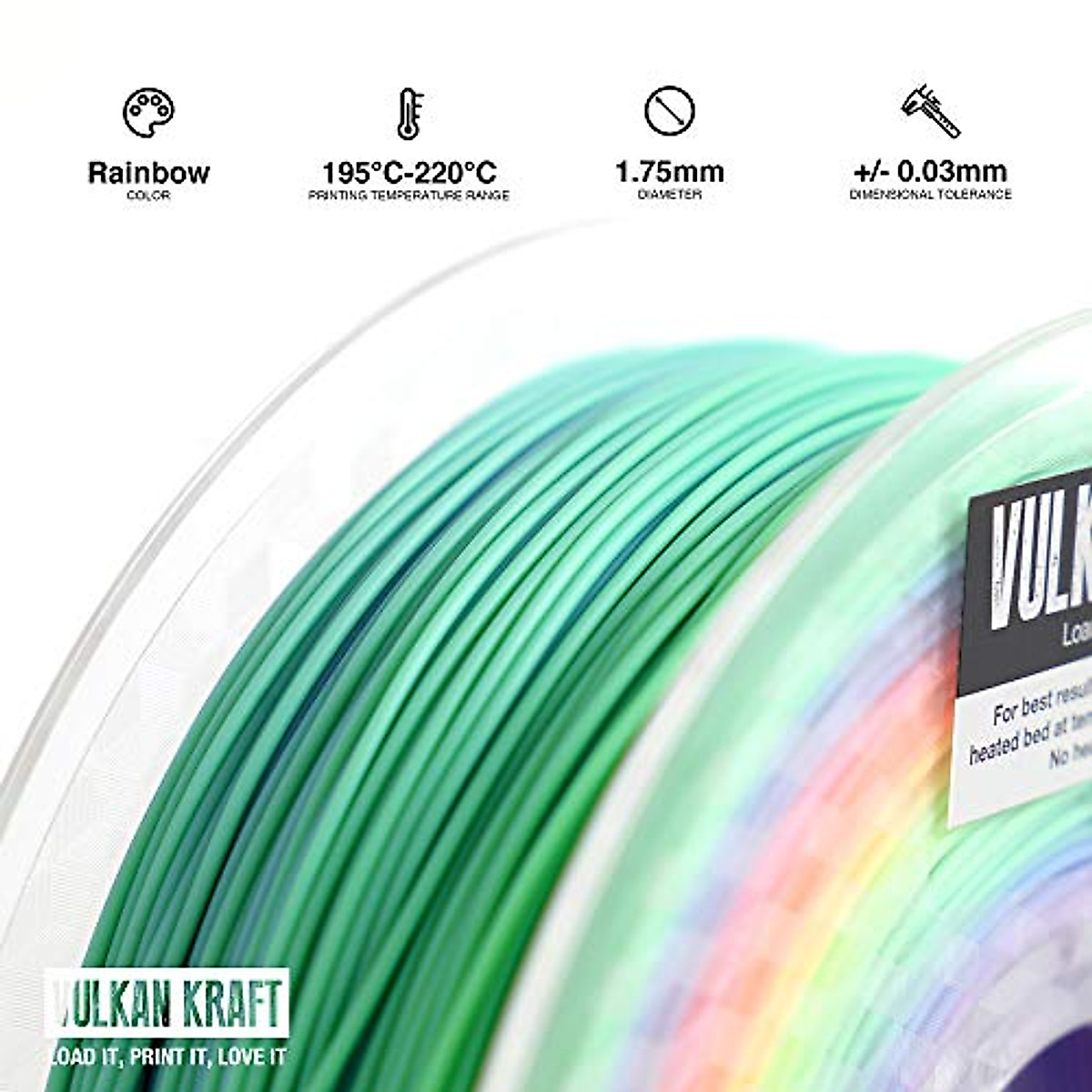 Vulkankraft Premium Rainbow Color PLA Filament for 3D Printing, 1.75mm, 1KG, Testing Pack Available, Less Prone to Warping, High Printability, Reduced Chance of Clogging.