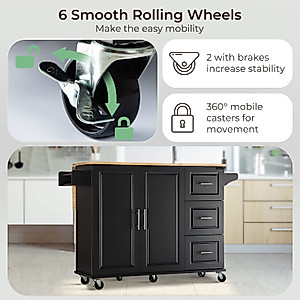 Unovivy Large Kitchen Island Cart with Drop Leaf, Kitchen Island with Storage, Rolling Kitchen Island with Adjustable Shelf Inside Cabinet, 3 Drawers, Spice Rack, Towel Rack and Wood Table Top