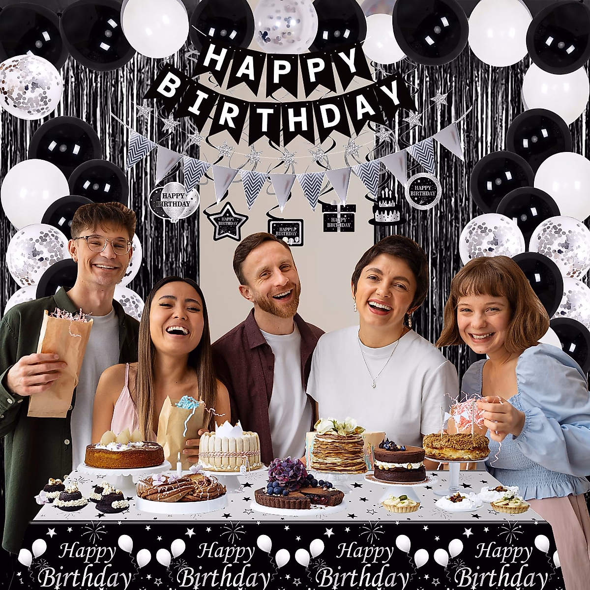 Birthday Decorations Black and White for Men Women, 74Pcs Happy Birthday Balloons Set for Boys Girls with Bday Tablecloth Fringe Curtains Swirls for 16th 18th 21st 30th 35th 40th 45th 50th 60th 70th