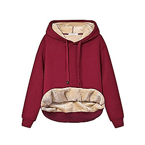 Haellun Womens Casual Winter Warm Fleece Sherpa Lined Pullover Hooded Sweatshirt (Red, Medium)