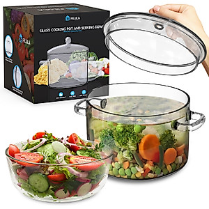 FILULA Glass Pots For Cooking on Stove (64oz/1.9L) with Serving Bowl, in an Elegant Box - Borosilicate Glass Saucepan with Cover for Monitoring Your Cooking – Cook, Serve and More with The Glass Pot