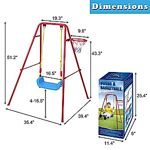 COLOR TREE Kids Swing Sets for Backyard - 2 in 1 Metal Swing Set + Basketball Hoop - Toddlers Swing Seat Playset for Outside and Inside - Boys Girls