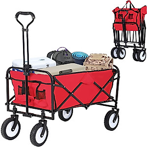 HKLGorg Folding Wagon with Wheels - Heavy Duty Beach & Outdoor Grocery Wagon, Portable & Collapsible Utility Wagon with Handle for Camping, Red