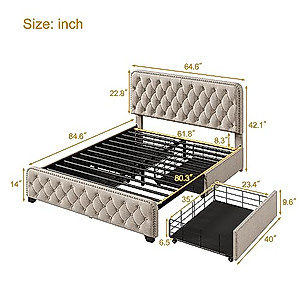 Livavege Queen Size Bed Frame with 4 Storage Drawers on Wheels & Button Tufted Headboard and Footboard, Modern Upholstered Platform Bed w/Steel Slats Support, Metal Queen Bedframe No Box Spring Needed