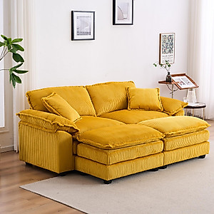 ONEMMLION 84.6" Modular Sectional Sofa Oversized Loveseat, Modern Upholstered Cloud Couch with 2 Ottoman, Comfy Corduroy Deep Seat Sleeper Sofa for Living Room, Small Space, Yellow