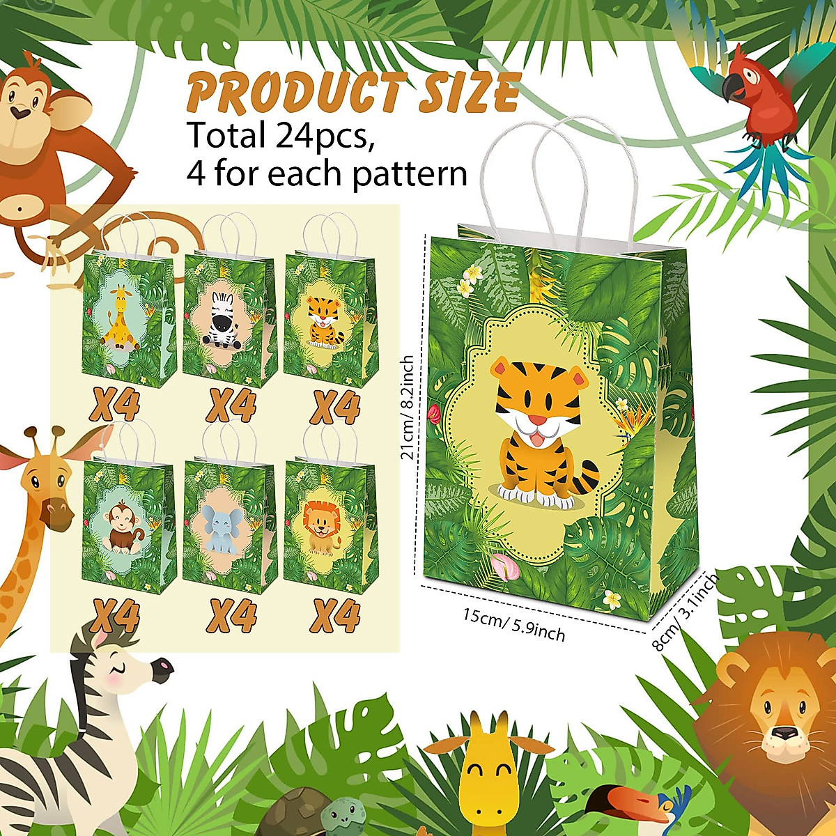 24 Pieces Safari Goodie Bag Safari Jungle Party Favor Bags with Handles for Kids Birthday Jungle Woodland Gift Bags for Birthday Party Baby Shower Party Supplies (Classic Style)