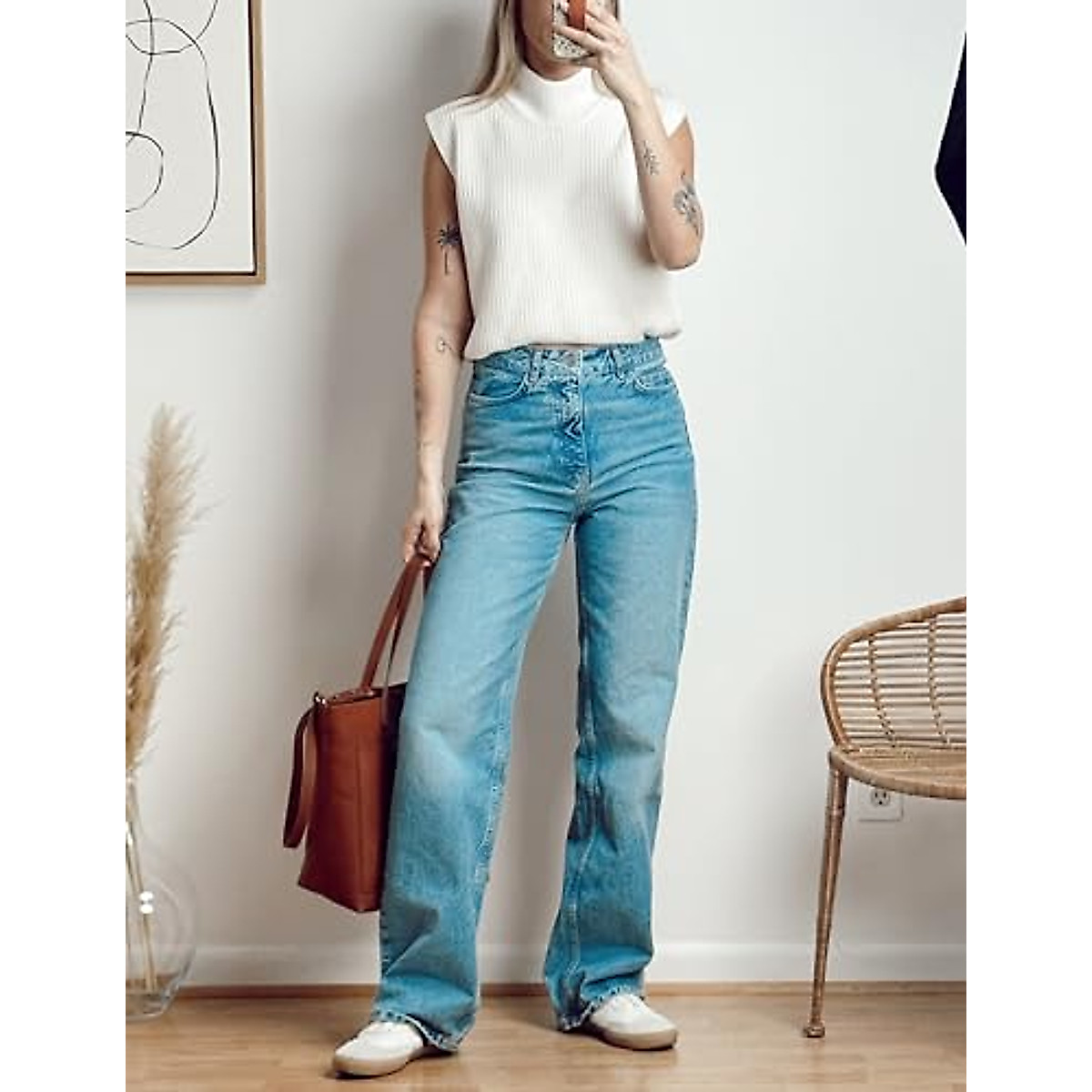 Hooever Women's Turtleneck Sleeveless Knitted Tank Tops Shoulder Pads Sweater Vest(White-S)