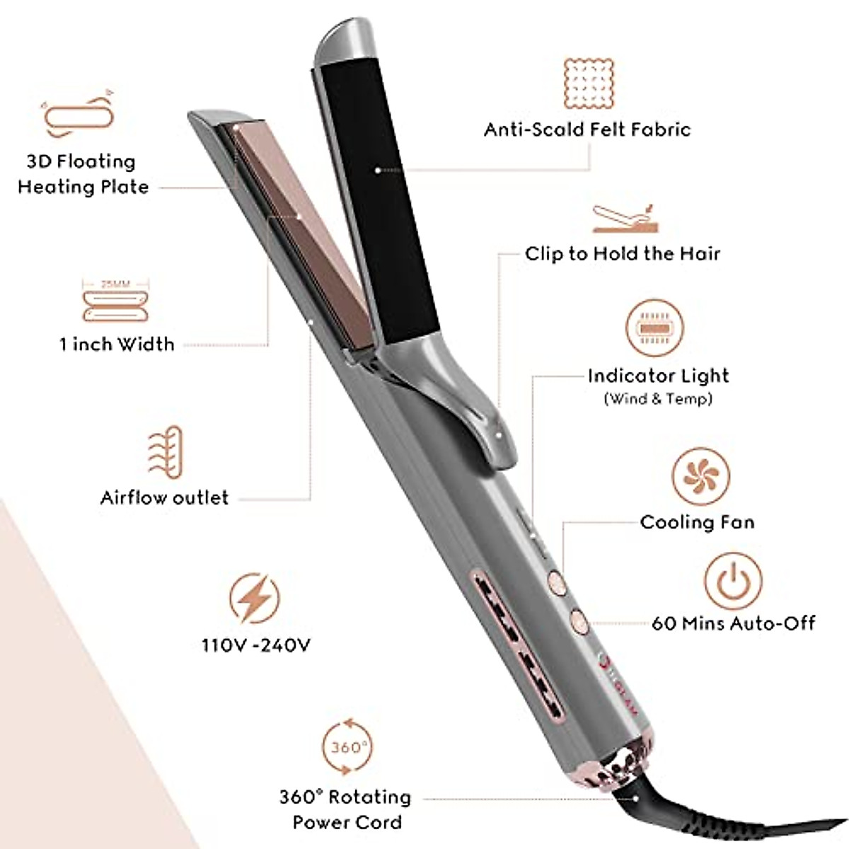 Anti Scald Airflow Styler Hair Straightener Iron with Breeze Fan & Felt Fabric, IG INGLAM 2 in 1 Professional Straight and Curl Hair Tools 2022 Update Version Perfect Nice Gift