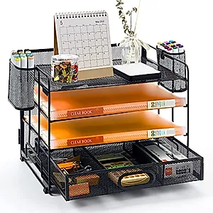 Hiaksedt Desk Organizers 4-Trays Desk File Organizers with 2 Hanging Pen Holders and Drawer,Office Desk Organizers and Accessories Paper Letter Tray Organizer for Home Office Supplies