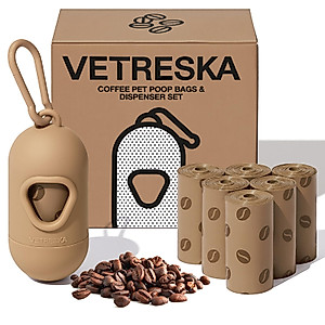 VETRESKA Dog Waste Bag Dispenser with Coffee Scent - Leak Proof, Extra Thick Pet Waste Bags - 1 Bag Holder, 105 Bags (7 Refill Rolls) for Dogs and Cats