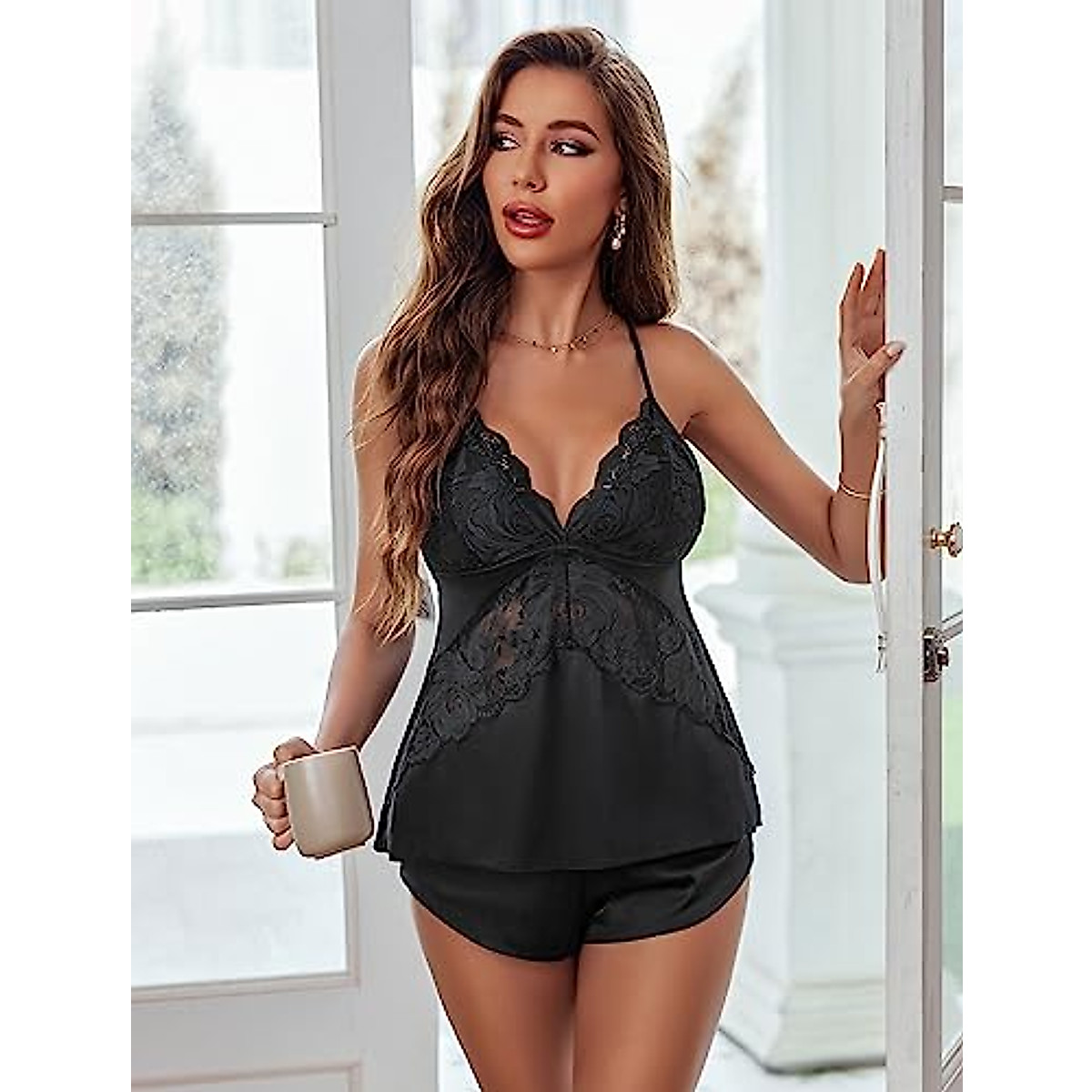 Avidlove Women Pajamas Set Soft Satin Sleepwear Sexy Lingerie 2 Piece Silk Pjs Cami top and Shorts Sleep Camisole Nightwear Black