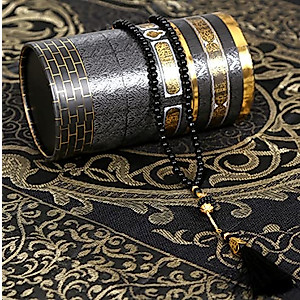 Kapobia Muslim Prayer Rug Islam and Beads, Kaabe Design Box Eid Ramadan Gifts Islamic Set Carnal Salah Mat Taffeta Fabric Black Soft Prayer Mats Men and Women