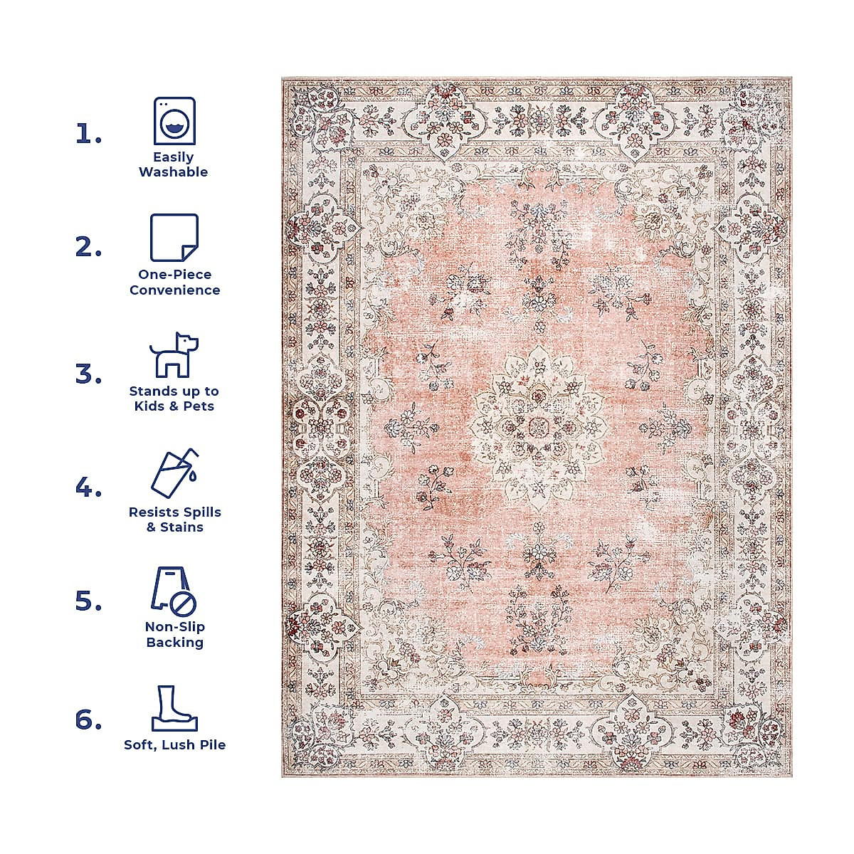nuLOOM Ren Vintage Floral Machine Washable Ultra Thin Area Rug, 4x6, Peach