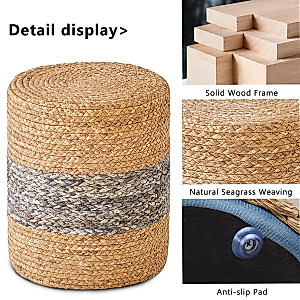 Ottoman Foot Rest Stool Round Natural Seagrass Foot Stool Hand-Woven Boho Pouf Ottomans Home Decor Footstool Extra Seating for Living Room Bedroom Entryway Grey