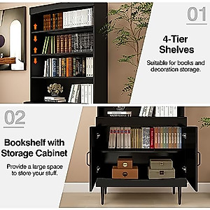 6-Tier Bookshelf, Storage Management Cabinet with 4 Spacious Shelves and 2 Storage Cabinets, Floor Standing Bookshelf for Home Offices, Kitchens and Living Room (Black)