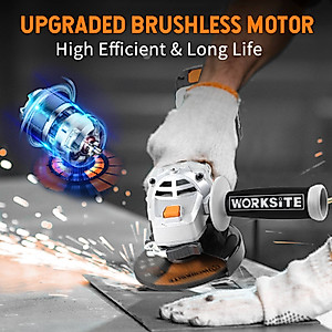 WORKSITE 20V Angle Grinder Cordless 4-1/2" Brushless Motor Angle Grinder Tool with 4.0 Ah Battery, 1-Hour Fast Charger and Adjustable Handle for Polishing, Grinding & Cutting