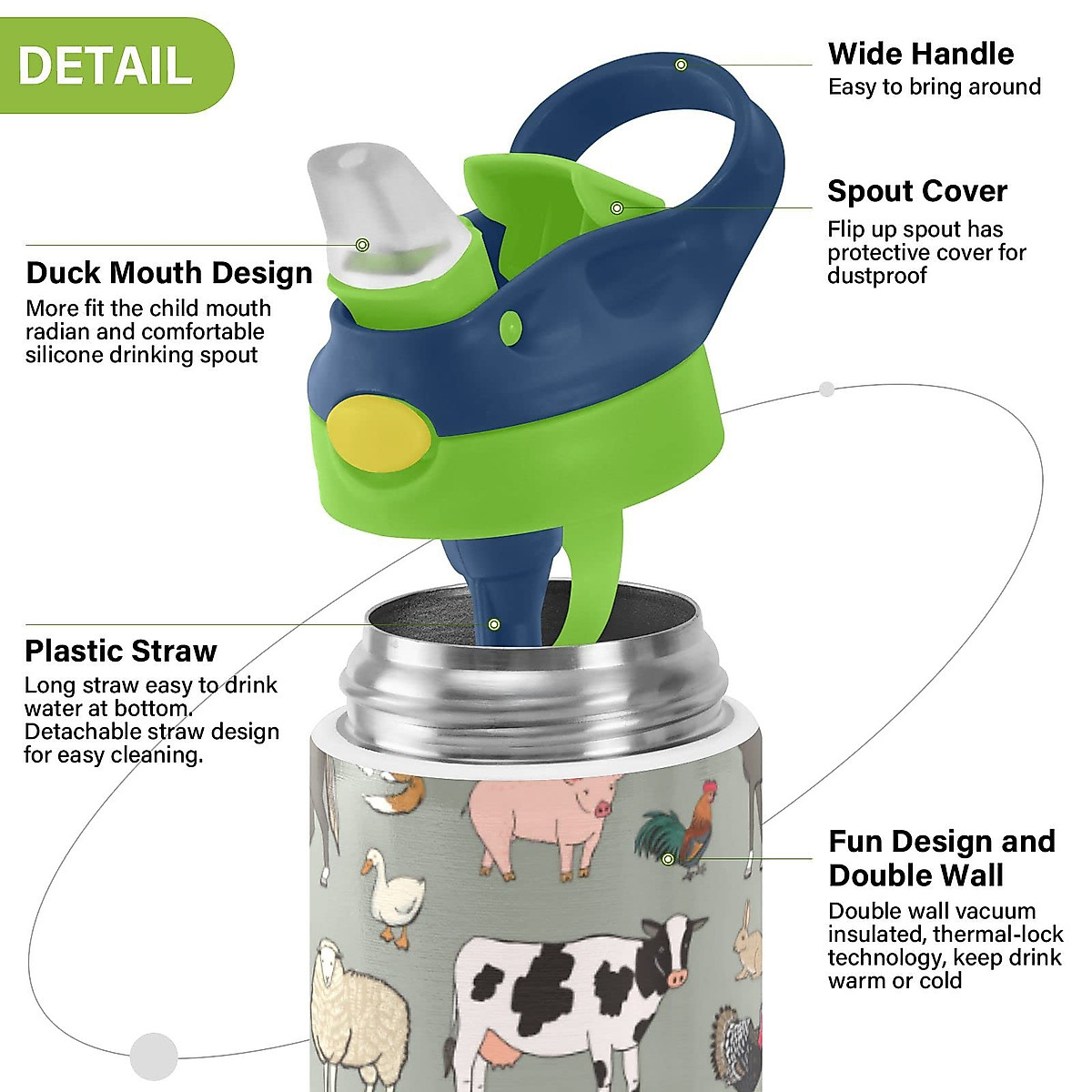 JUMBEAR Farm Animal Water Bottle with Straw Lid, Leakproof Double Walled Vacuum Insulated Stainless Steel Thermo Flask Travel Tumbler for Kids, Boys, Girls