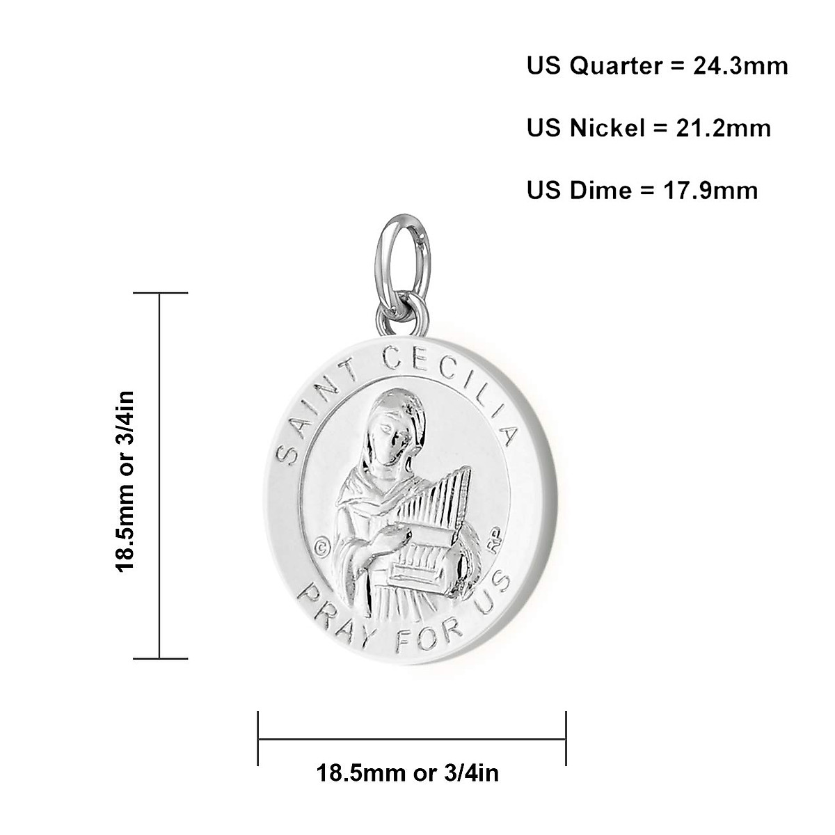 US Jewels Ladies 925 Sterling Silver 18.5mm Saint Cecilia Pendant 2.3mm Figaro Chain Necklace, 20in