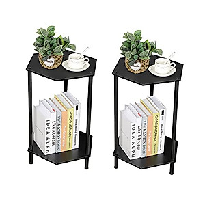 Vrisa End Table Set of 2 Bedside Tables for Small Spaces Hexagonal Side Table Bamboo Nightstands Set of 2 with Storage 2-Tier Space Saving for Living Room, Bedroom, Office Black