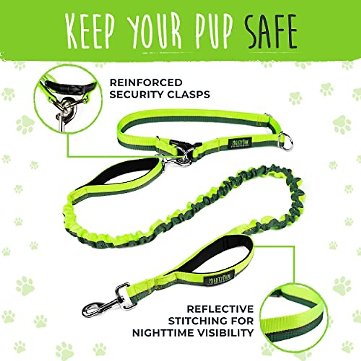 Mighty Paw Hands Free Bungee Leash 2.0 | 4’ Dog Lead W/Dual Padded Traffic Handles for Running, Hiking & Jogging. Wearable Belt (27-48” Waistband) W/ 2 Attachment Loops. Pets Up to 150lb (Green)