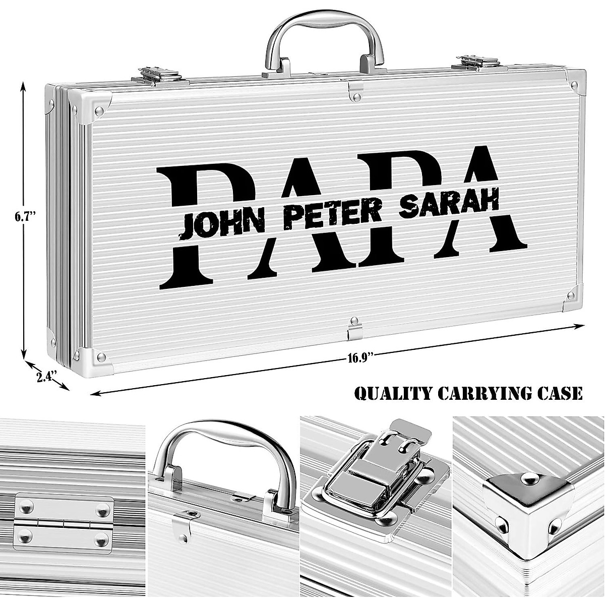 Personalized 34pc BBQ Grill Accessories Set with Thermometer - Father's Day Gift - Personalized Heavy Duty Stainless Steel Grill Set in Case - House Warming Gift