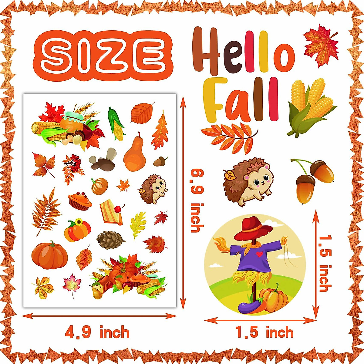 MISS FANTASY Fall Stickers Hello Fall Stickers for Kids Autumn Bulk Thanksgiving Pumpkin Stickers Maple Leaves Stickers for Cards/Envelopes/Gift Autumn Stickers for Fall Thanksgiving Party Supplies