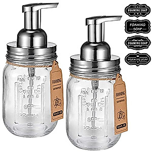 Amolliar 4PCS & 2pcs Brushed Nickel Mason Jar Bathroom Accessories Set-3pcs Foaming Soap Dispenser & 2pcs Cotton Swab Holder &1pcs Toothbrush Holder,Waterproof Stickers,Rustic Farmhouse Decor