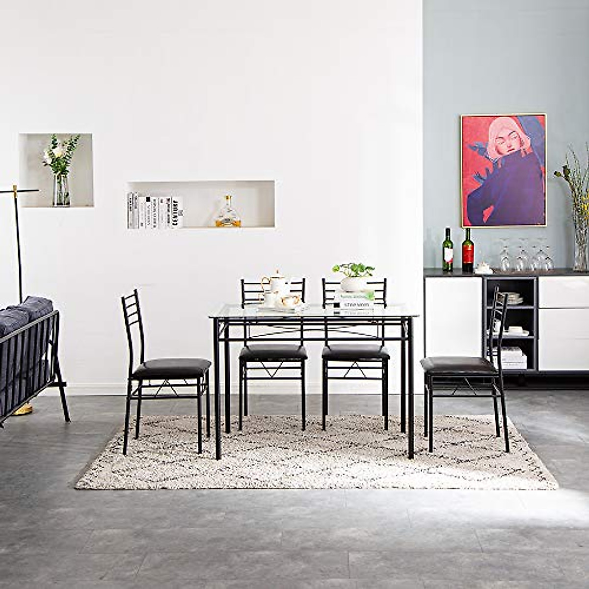 SSLine 5-Piece Glass Dining Table Set with 4 Chairs Small Space Kitchen Table Modern Simple Dining Room Dinette Sets w/1 Tempered Glass Top/Metal Frame Table and 4 Leather Cushion Seat Dining Chairs