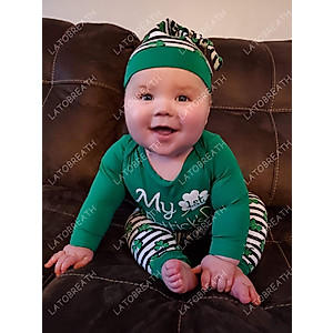 My First St Patrick's Day Lucky Clover Outift Set Baby Boys Girls Stripe Pant Set with Hat (Green, 0-3 Months)