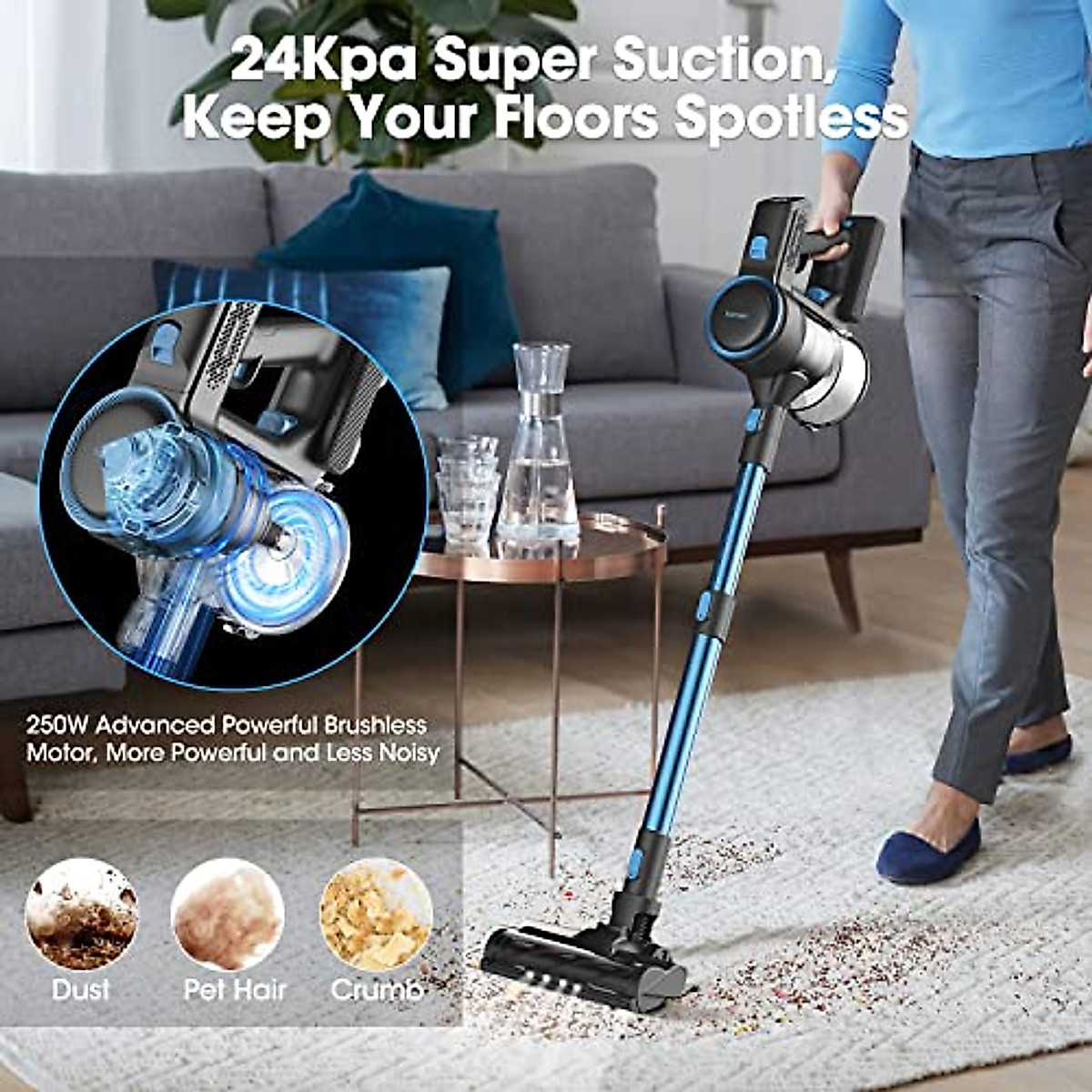 HAIMEEC Cordless Vacuum Cleaner, 6 in 1 Lightweight Stick Vacuum with 24Kpa Powerful Suction 250W Brushless Motor for Pet Hair Carpet Hard Floor Max 50Min Runtime LED Digital Touch Screen,C2