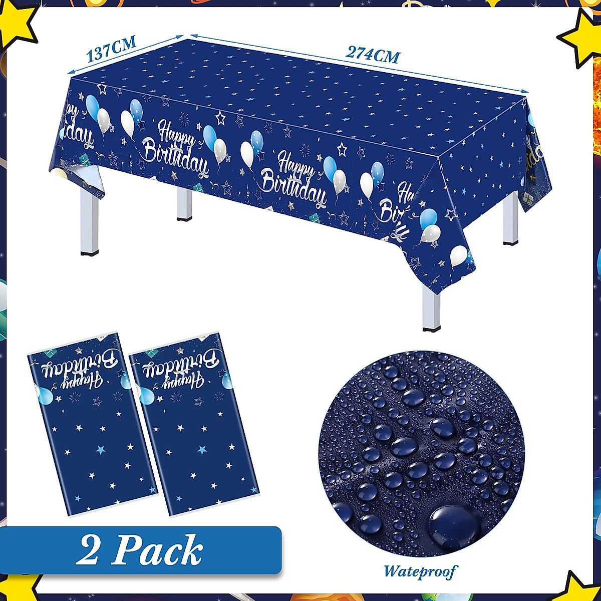 171 Pieces Happy Birthday Party Tableware Set Birthday Decoration Birthday Banner and Tablecloths Plates Cups Napkins Party Dinnerware for 24 Guests Party Supplies (Blue and Silver)