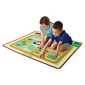 Melissa & Doug Round the Barnyard Farm Activity Play Rug (39 x 36 inches) - Wooden Tractor, Trailer, 3 Toy Animals