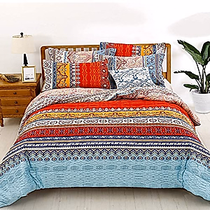 Bohemain Comforter Set Queen, Reversible Boho Down Alternative Comforter Set for All Seasons, 3 Pieces (1 Solid Comforter + 2 Pillow Shams), Soft Microfiber Bedding 90'' x 90"