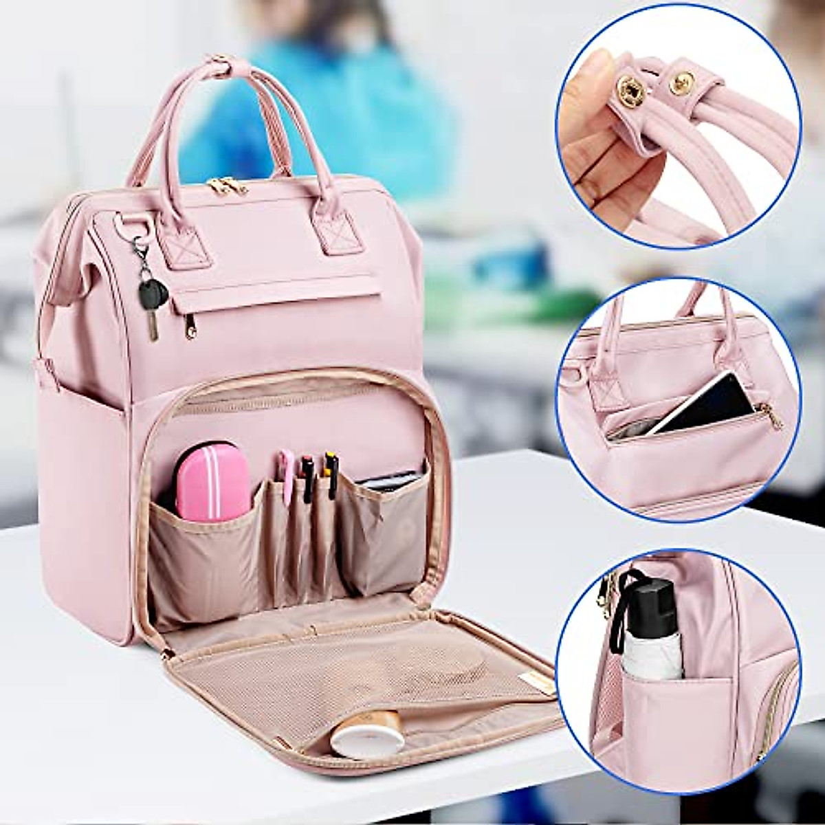 Fasrom Teacher Bag Backpack for Work Women with 14 Inches Laptop Compartment and Pockets for Teacher Supplies (Empty Bag Only, Patent Design), Pink