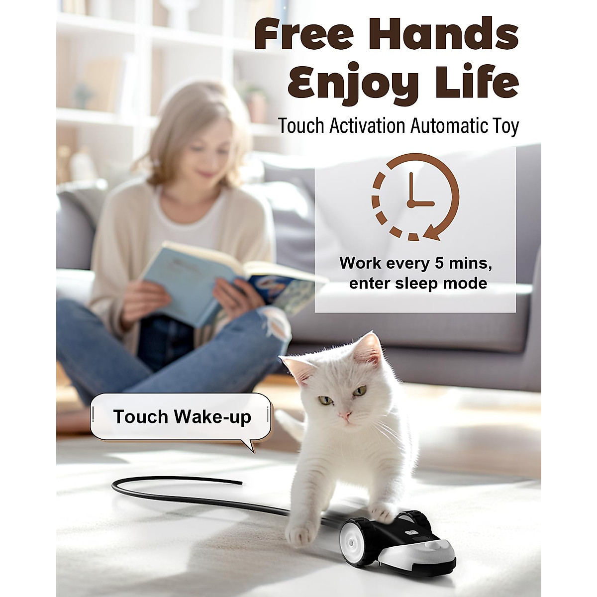 CYROS 3-in-1 Interactive Cat Toy - 2-Speed Automatic Moving Mouse Cat Toys Self Play with 2pcs Hanging Feather String Ribbon and Wiggly Silicone Mice Tail for Bored Indoor Adult Cats Kittens