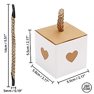 BELLE VOUS 50 Pack Mini White & Brown Heart Gift Boxes - 2 x 2 x 2 inch Wedding & Party Favor Paper Candy Kraft Boxes with Cute Twine Handles