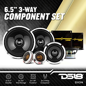 DS18 DX3N Deluxe 6.5” 3-Way Neodymium Premium Car Audio Component Speaker System - 580 Watts, 4 Ohm - Set with Woofer, Midrange, Tweeter, and Crossover (8 Piece Set)