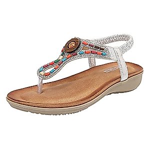 Thong Sandals for Women Beach,Bohemia Flat Sandals T-Strap Summer Beach Beaded Elastic Flip-Flop Thong Shoes (Silver, 8)