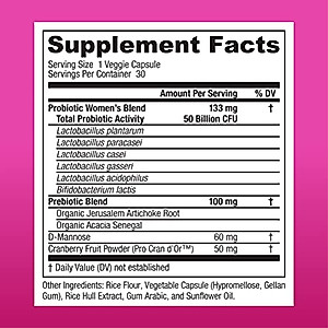 Probiotics for Women with Organic Prebiotics - 50 Billion CFU, D-Mannose & Cranberry Extract for Digestive, Immune & Feminine Support - 6 Probiotic Strains Selected for Women - Womens Probiotic - 30ct