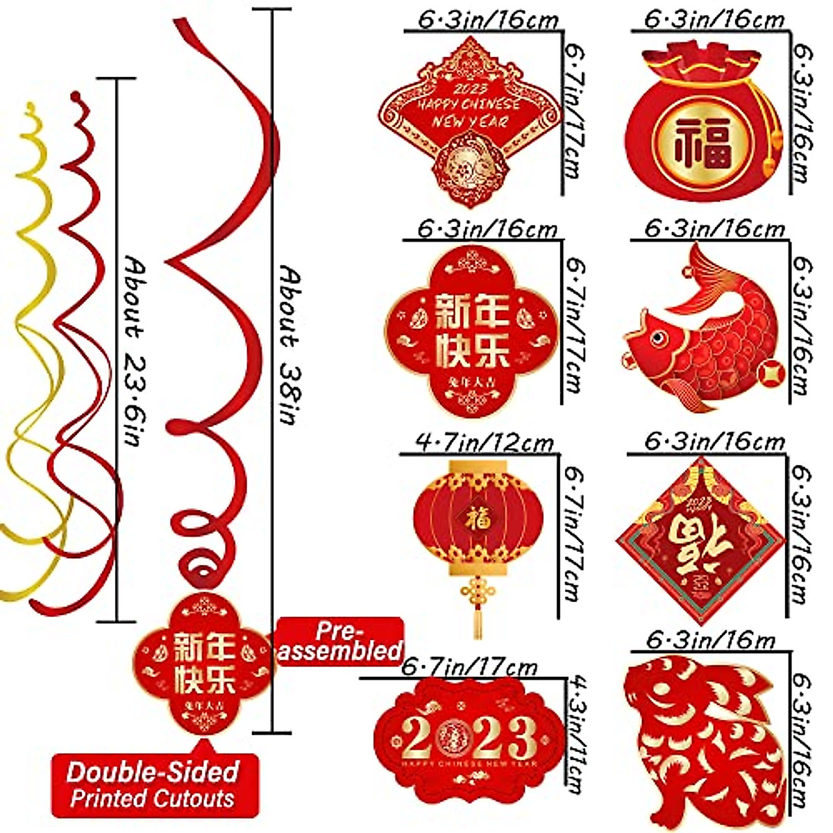 2023 Chinese New Year Decorations-Hanging Swirls Decorations for Year of the Rabbit and Lunar New Year(30 Pieces)