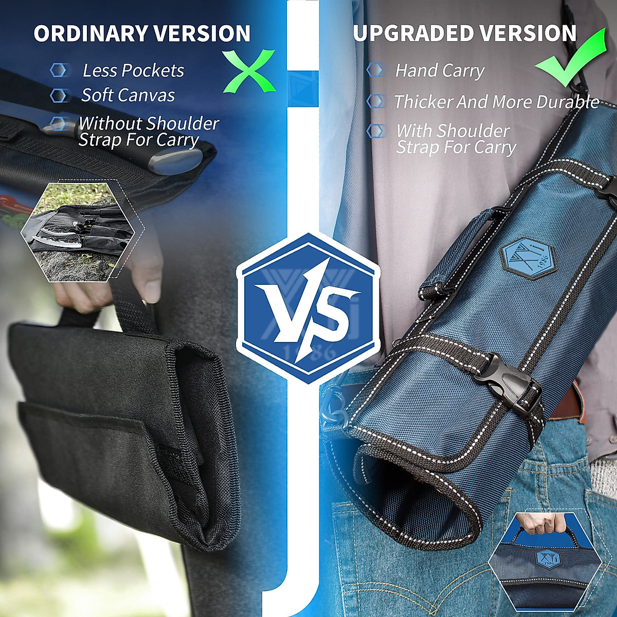 Authentic XYJ Since 1986,Chef Knife Bag With Shoulder Strap,8 Slots Roll Bag,Travel Camping Storage Carry Case,Oxford Cloth Portable Pockets Bag Holds Kitchen Knives Tools Set (XYJ Blue)