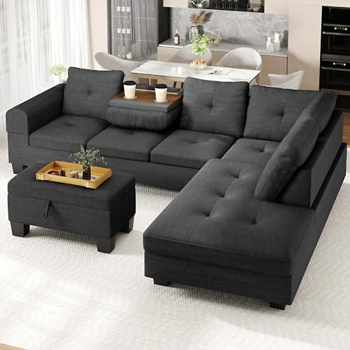 AWQM Modular Sectional Sofa with Ottoman, Fabric L-Shaped Couch with Chaise & Cup Holders, Living Room Furniture Sets Sectional Sofa Set, 6 Seat Corner Couch Sofa for Living Room, Apartment