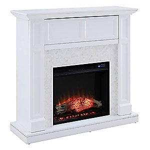 SEI Furniture Nobleman Mother of Pearl Tiled Electric Fireplace with Hidden Media Shelf, New White
