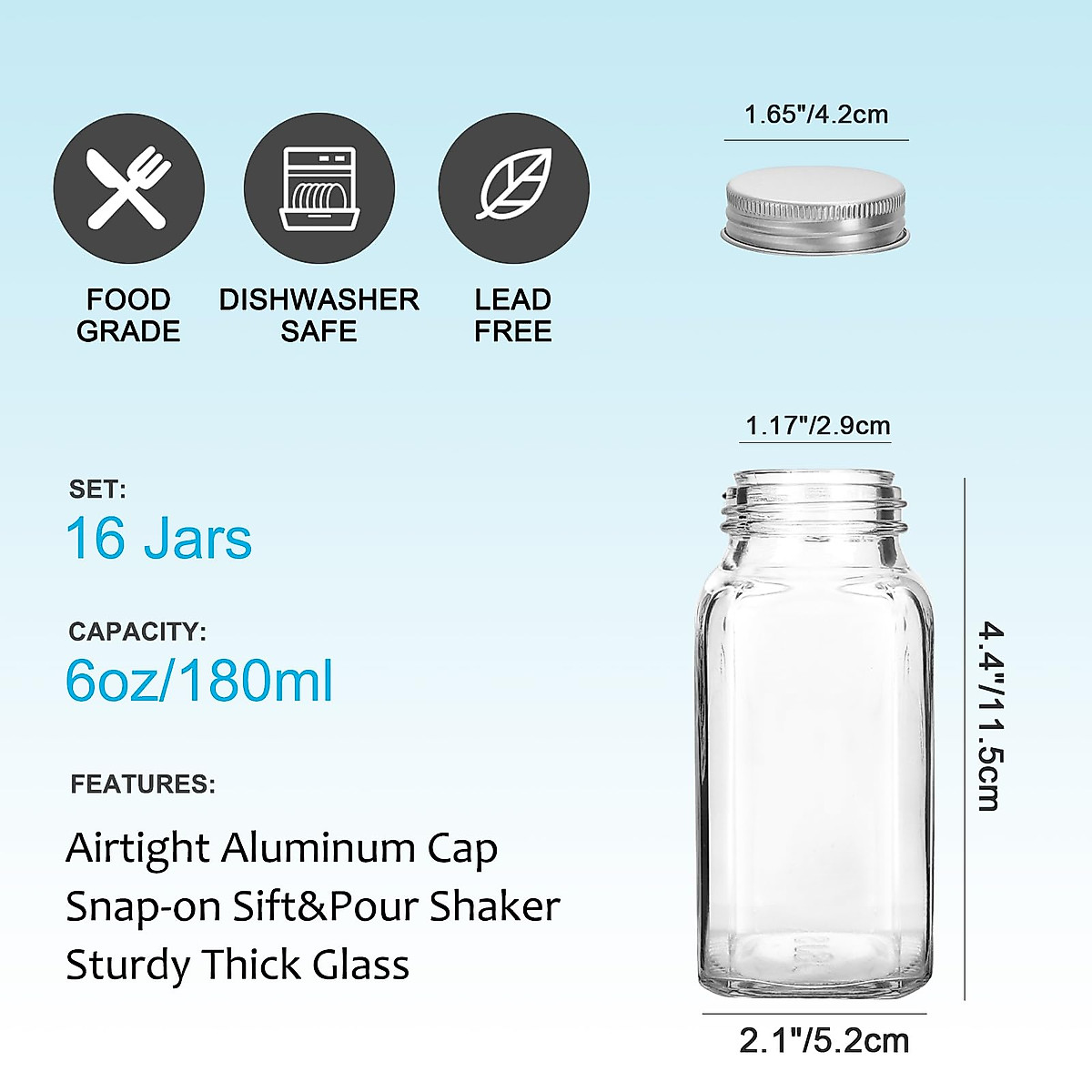 AuroTrends Spice Jars with Labels 6oz 16Pack, Glass Spice Jars with Shaker Lids Complete Set-6oz Seasoning Containers with 180 Waterproof Spice Labels |Chalk Marker |Straw Brush |Funnel
