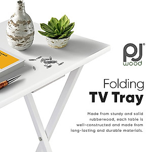 PJ Wood Lightweight Rectangle Solid Wood Construction Multifunctional Folding Table Tray with Compact Storage Rack, White, 2 Piece Set